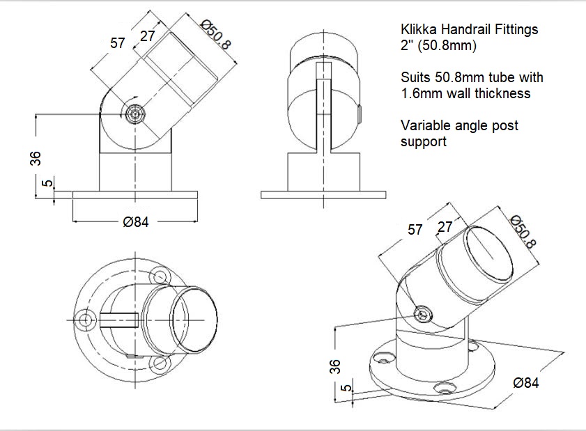 Handrail Post Support Variable 316 Stainless Steel Tube 2″ | Great Grab