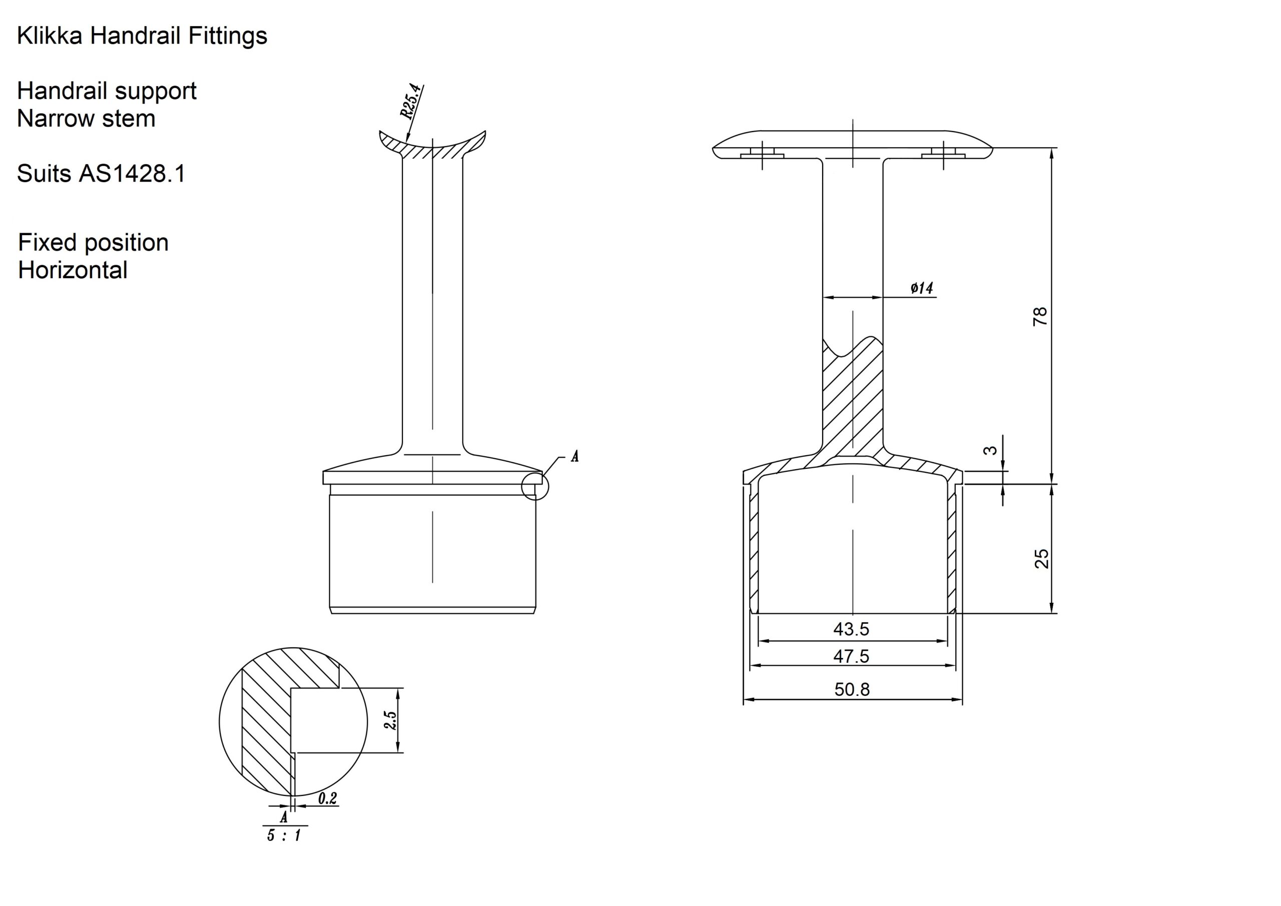 Handrail Support Fixed Narrow Stem 2″ | Great Grab