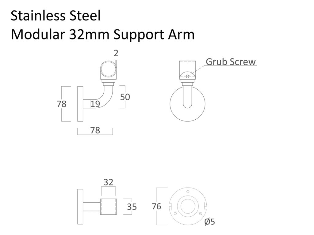 Modular Grab Bar Support Arm with Ring 32mm 304 Stainless Steel | Great ...